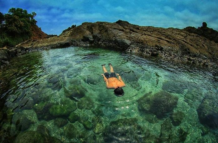 Swimming in Natural Pool of Java Southern Sea, Wediombo Beach ...